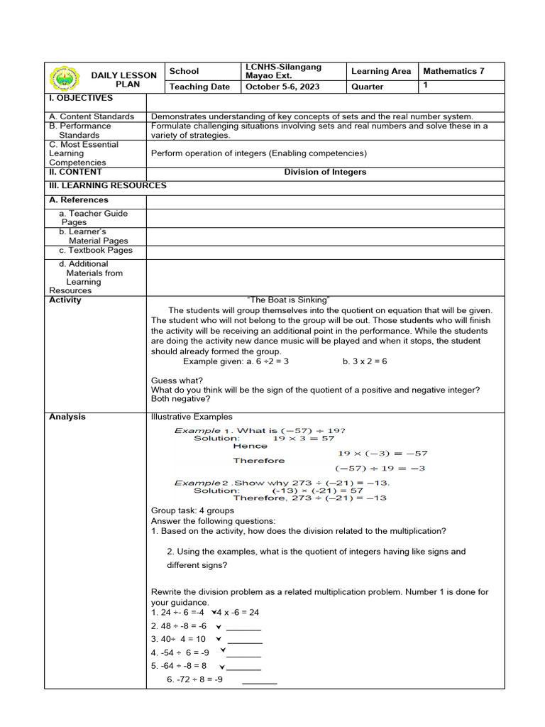 DLP Math7 Quarter1 Week6 | PDF | Learning | Integer