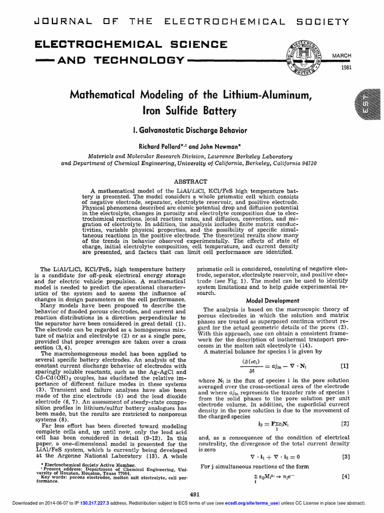 Mathematical Modeling of The Lithium Aluminum, Iron Sulfide Battery - I ...
