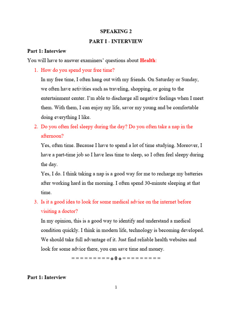 Speaking 2 - Questions For Interview Part | PDF | Critical Thinking ...
