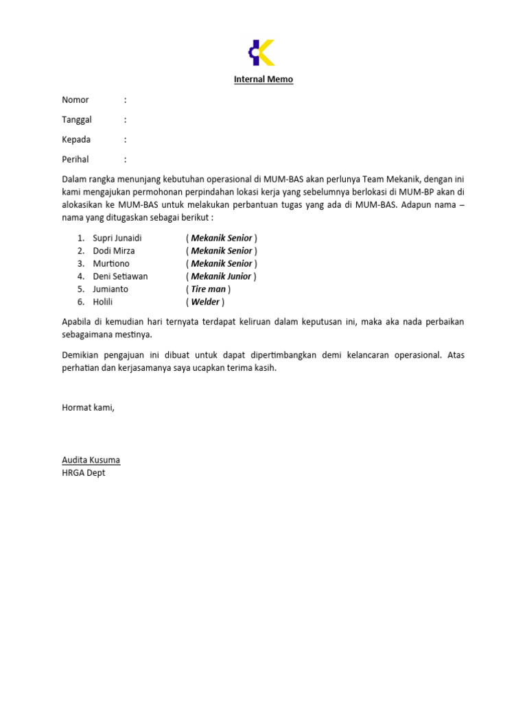 Internal Memo Perpindahan Karyawan | PDF