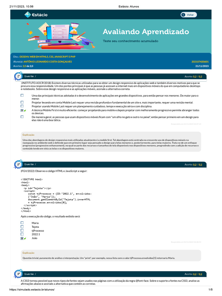 Simulado Desenv Web em HTML5 CSS Javascript e PHP Ava1 | PDF | Rede mundial de computadores ...