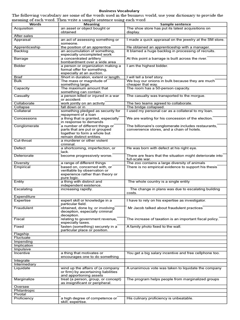 Business Vocabulary Activity | PDF | Taxes | Economies