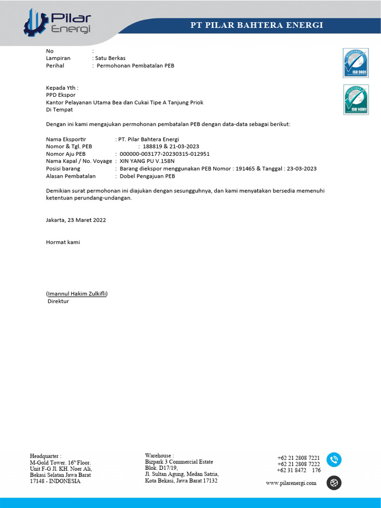 Surat Permohonan Pembatalan Peb | PDF