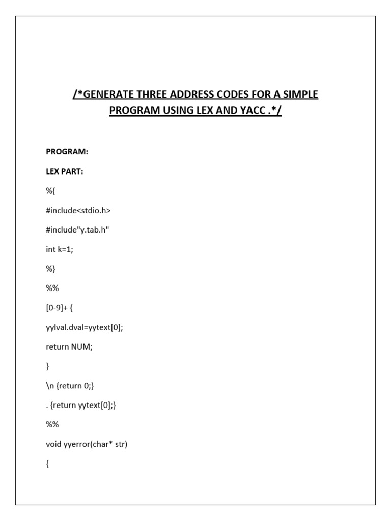 Generate Three Address Codes For A Simple Program Using Lex and Yacc . | PDF | Teaching Methods ...