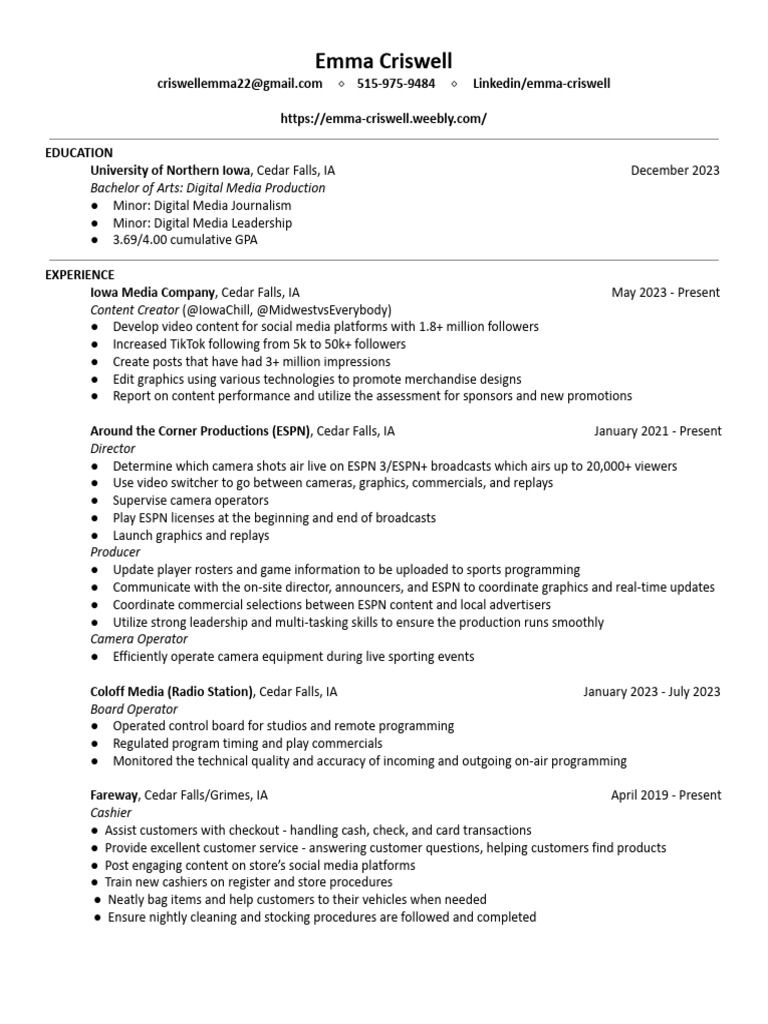 Emma Criswell Resume | PDF | Service Industries | Mass Media