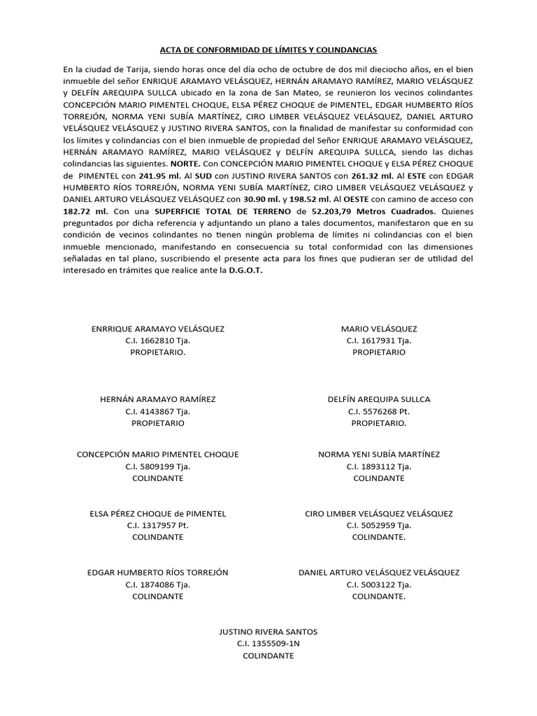 Acta de Conformidad de Límites y Colindancias | PDF | América del Sur