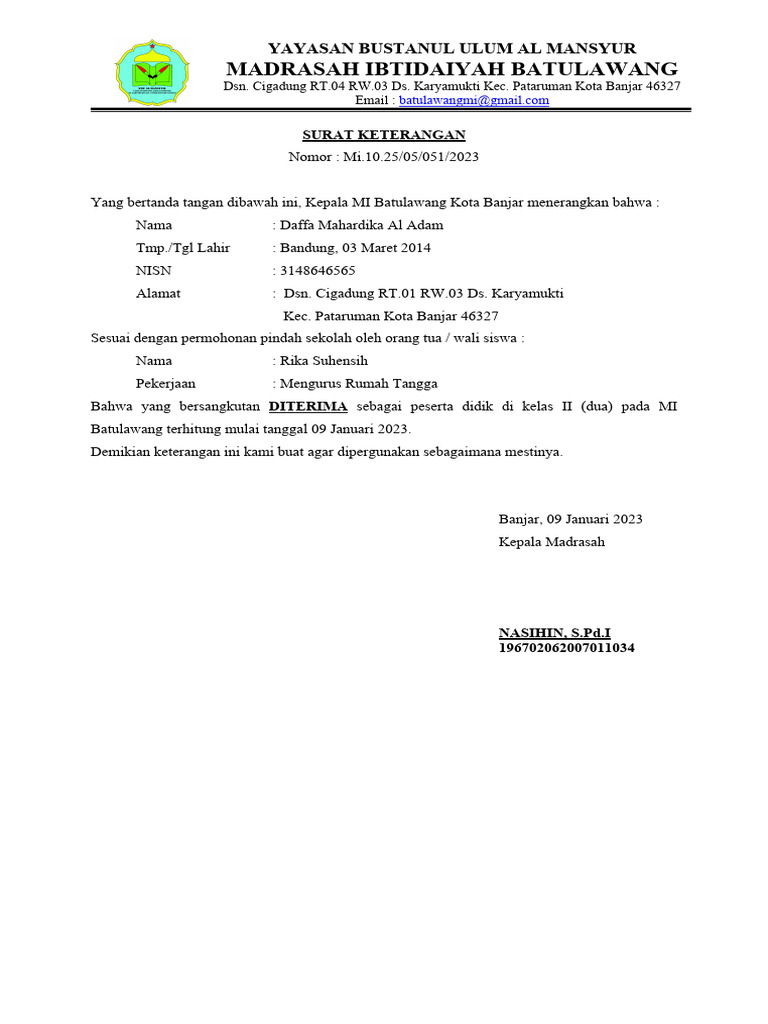 Surat Keterangan Diterima | PDF