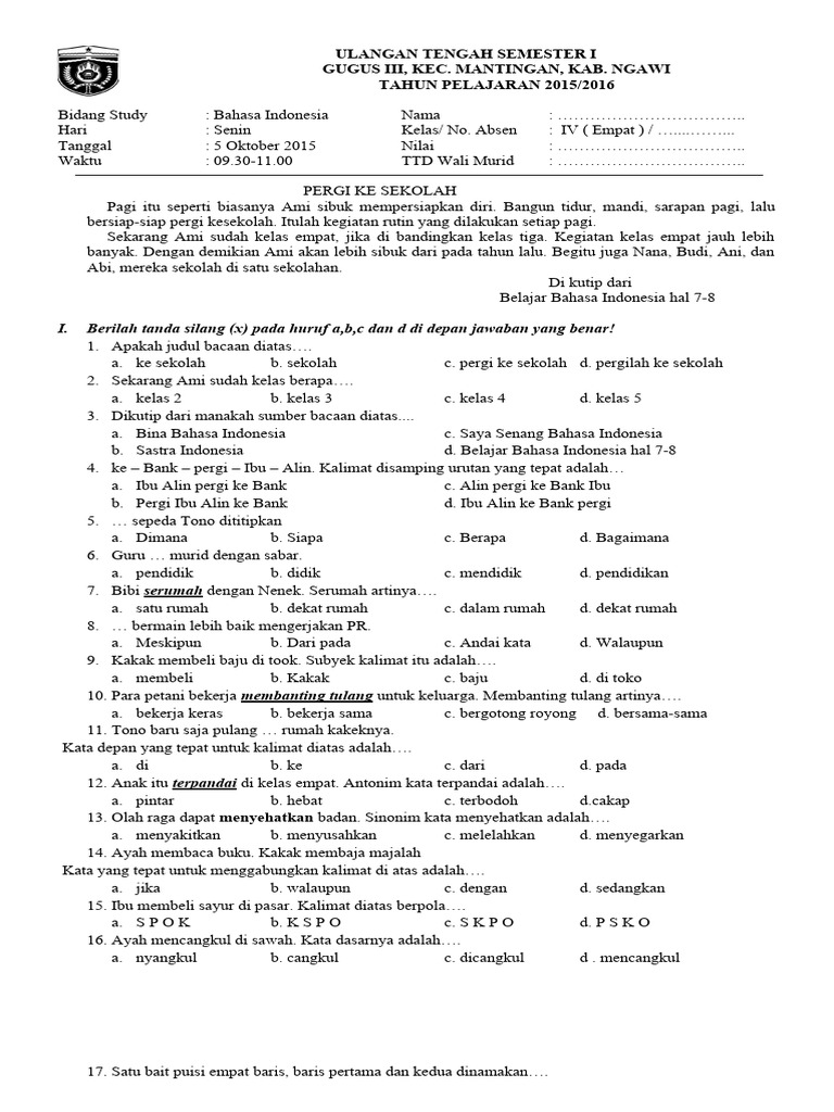 Soal BHS Indonesia Kelas 4 2015 | PDF