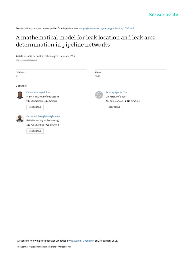 A Mathematical Model For Leak Location And Leak Area Determination In Pipeline Networks Pdf