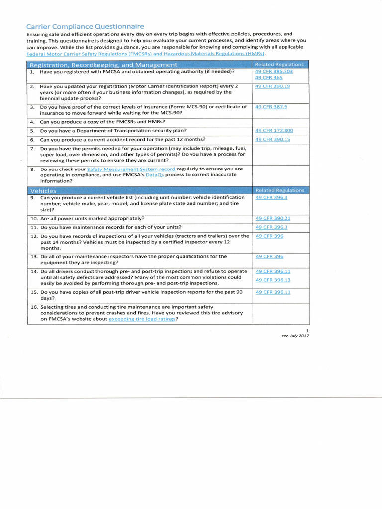 Carrier Compliance Questionnaire | PDF