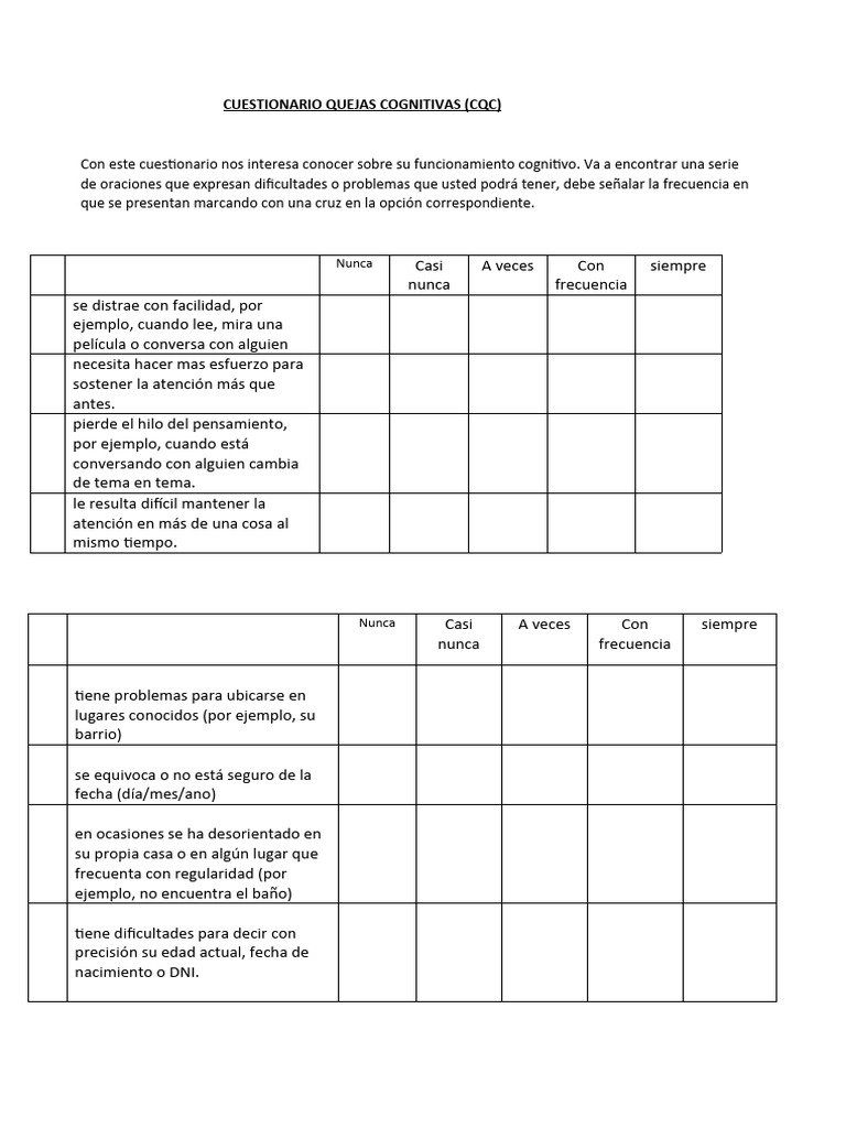 CUESTIONARIO QUEJAS COGNITIVAS CQC | PDF