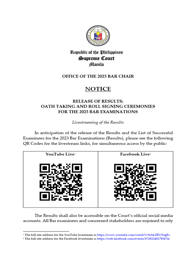 2023 Bar Exam Results & Oath Taking Notice | PDF