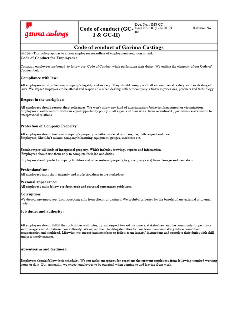 Code of Conduct of Garima Castings | Download Free PDF | Employment | Recruitment