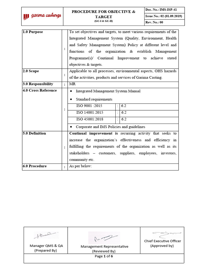 IMS Objectives and Targets Procedure | PDF | Feasibility Study ...