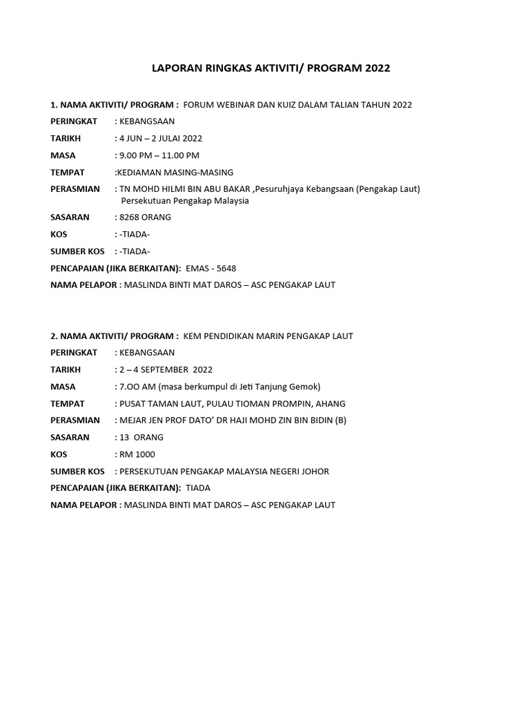 Laporan Ringkas Aktiviti PPMNJ 2022 (Pengakap Laut) | PDF