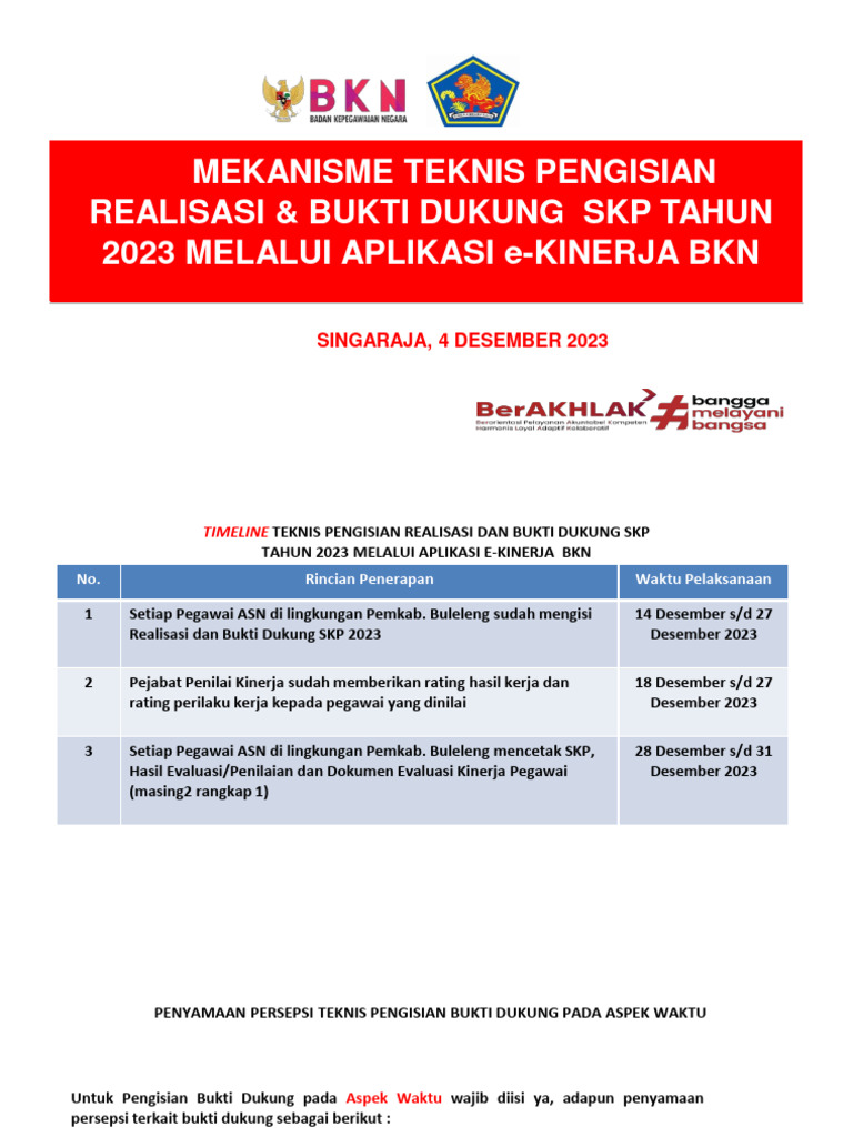 Timelime Teknis Pengisian Realisasi & Bukti Dukung SKP E-Kinerja BKN | PDF