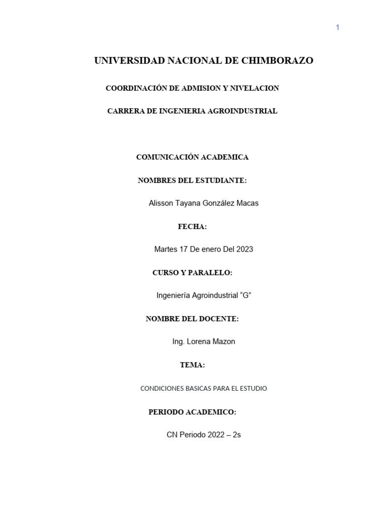 Gonzalez Alisson - CONDICIONES BASICAS PARA EL ESTUDIO | PDF