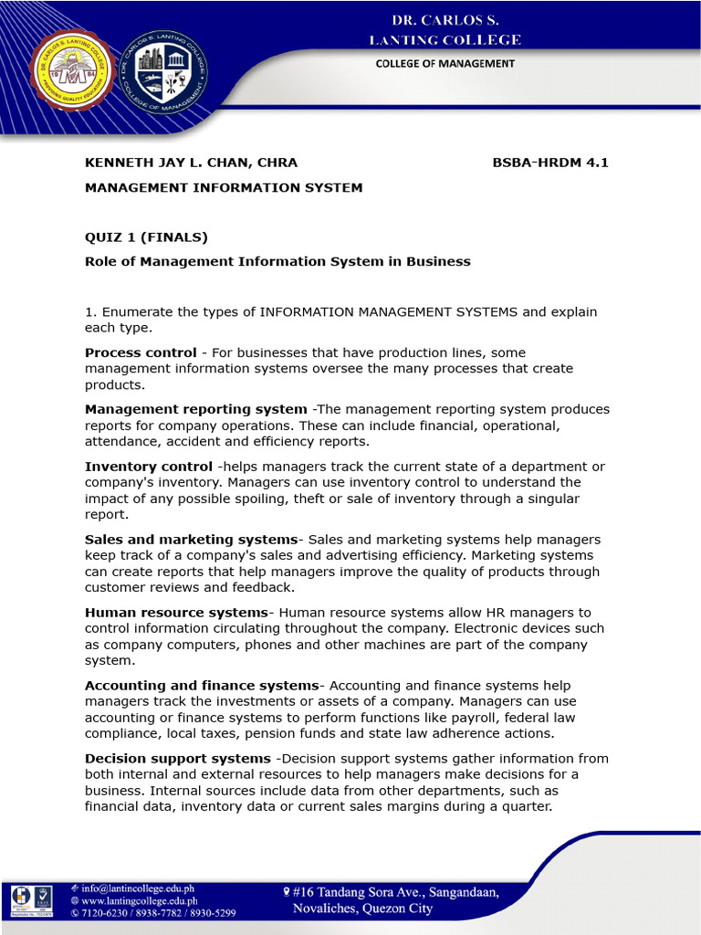 Chan - Final Activity 1 - Mis | PDF | Management Information System | Business