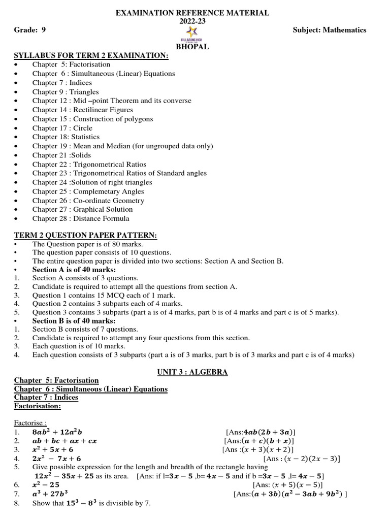Grade 9 Math Exam Syllabus 2022-23 | PDF | Cartesian Coordinate System ...
