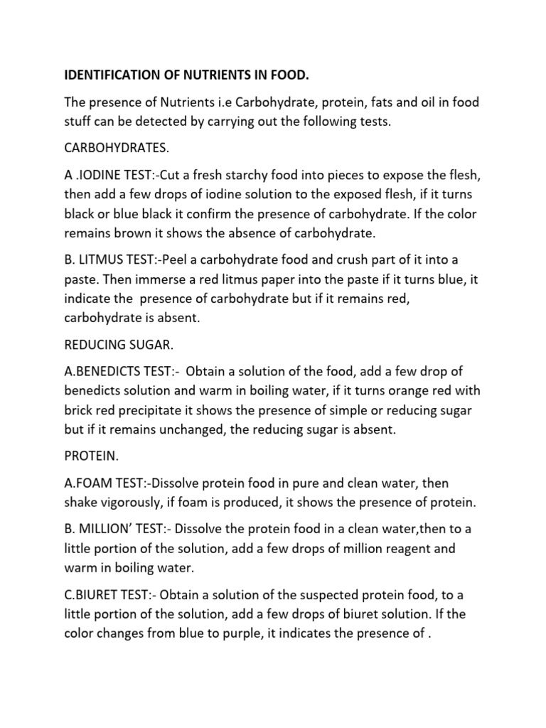 Identification of Nutrients in Food | PDF