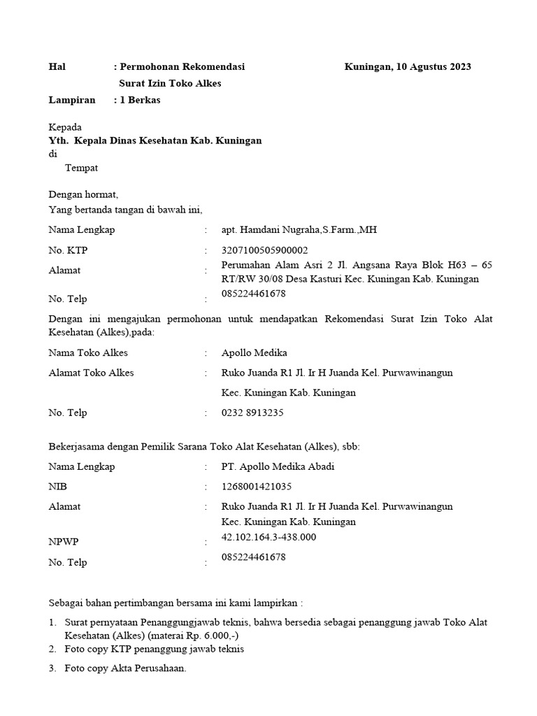 Contoh Surat Permohonan TOKO ALKES PTSP | PDF | Memasak, Makanan ...