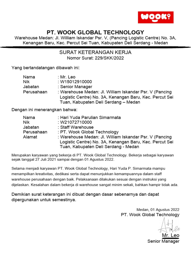 Surat Keterangan Bekerja PT. Wook Global Technology | PDF
