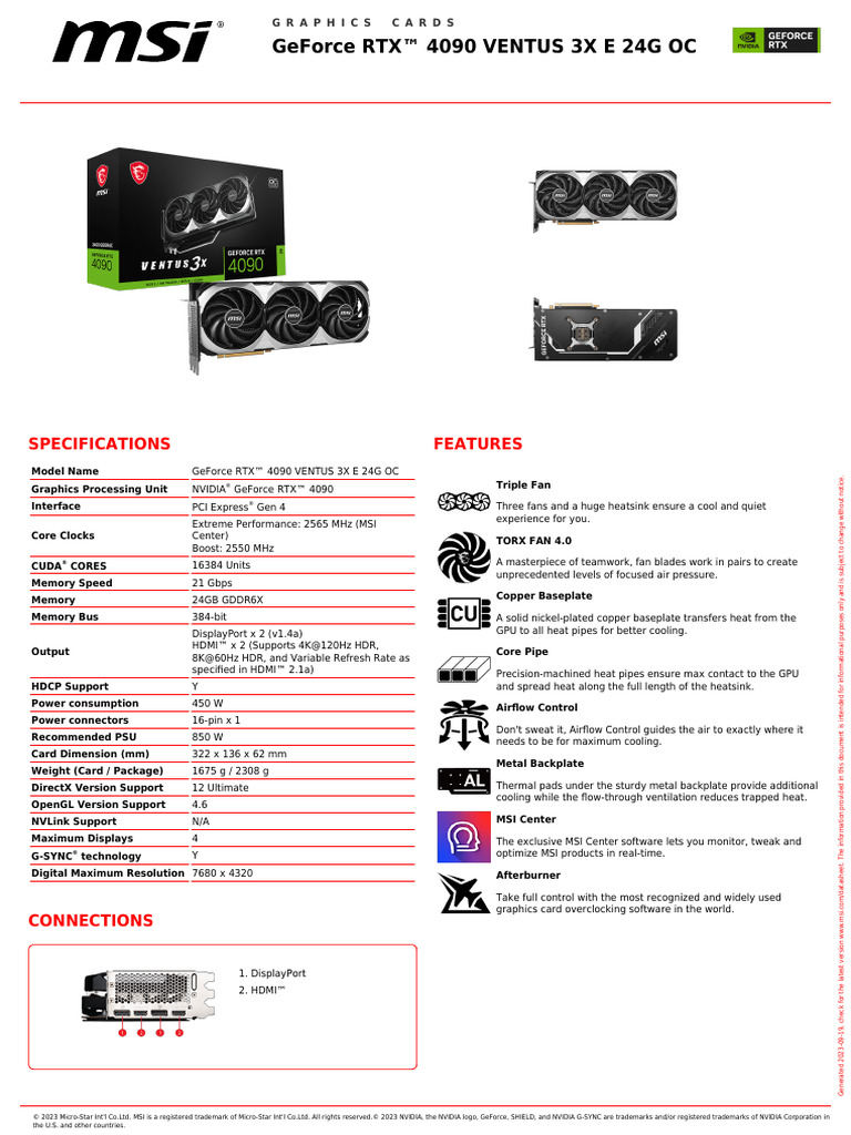 Geforce RTX 4090 Ventus 3x e 24g Oc | PDF | Hdmi | Graphics Processing Unit