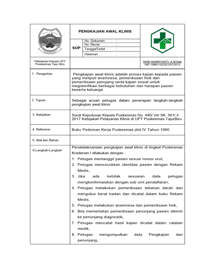 Sop Pengkajian Awal Klinis | PDF | Pengembangan Diri | Kesehatan Holistik
