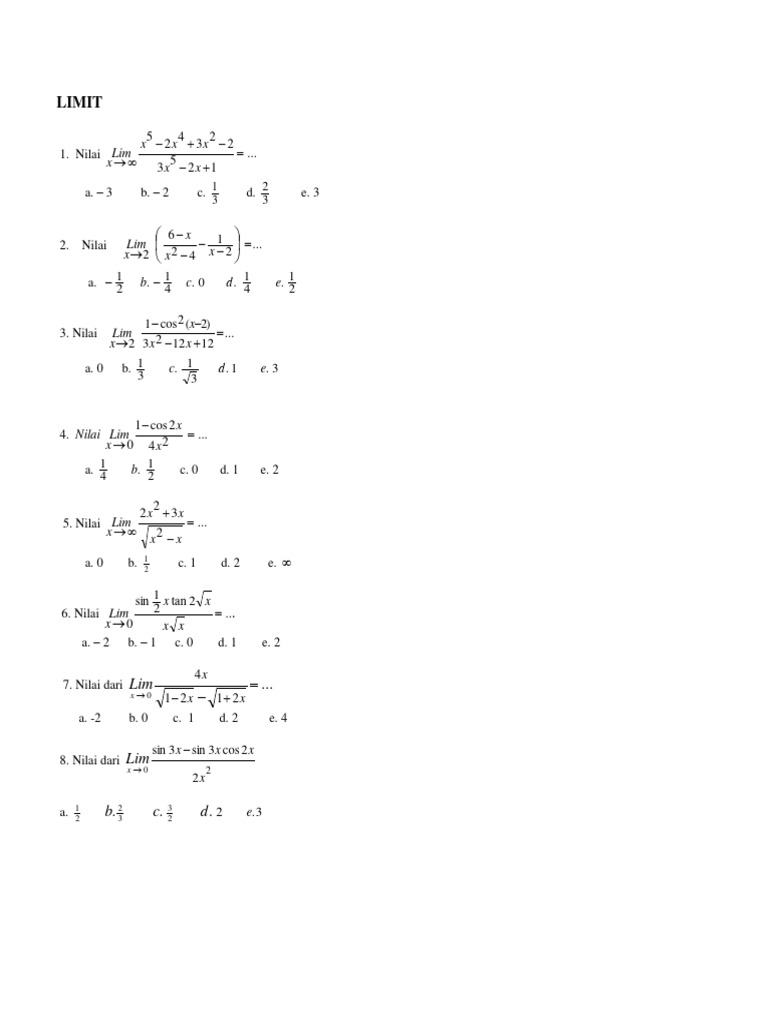 Soal Latihan Pas 2023 Xii Limit Dan Turunan | PDF