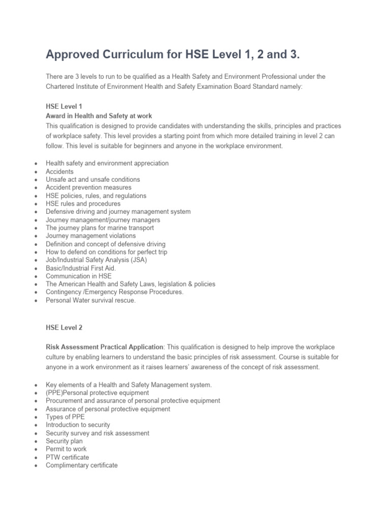 HSE Level 1, 2 & 3 Curriculum Overview | PDF | Occupational Safety And ...
