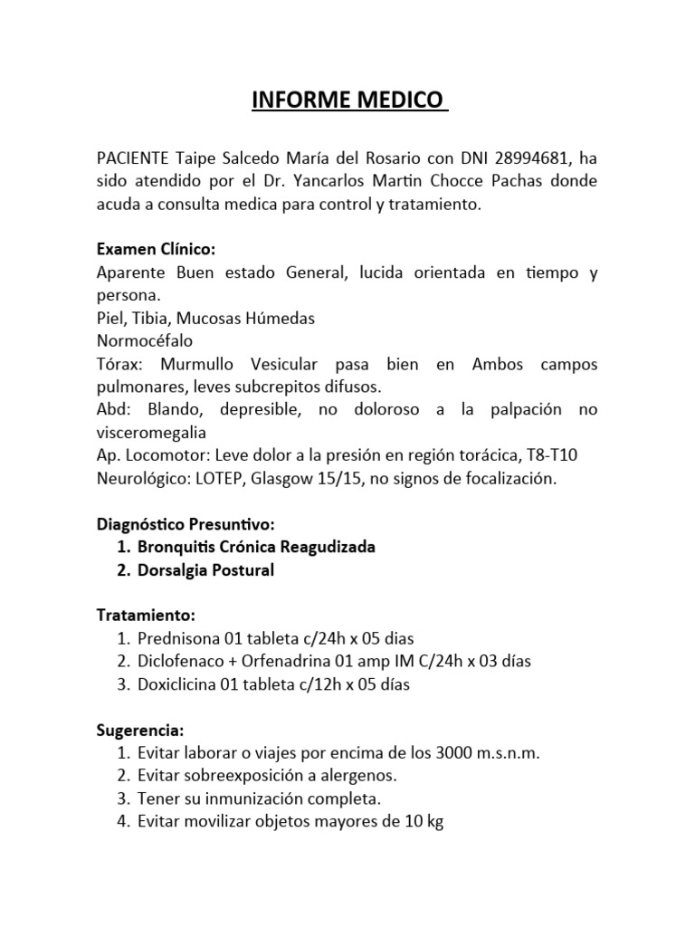 Informe Medico Ocupacional Chocce | PDF