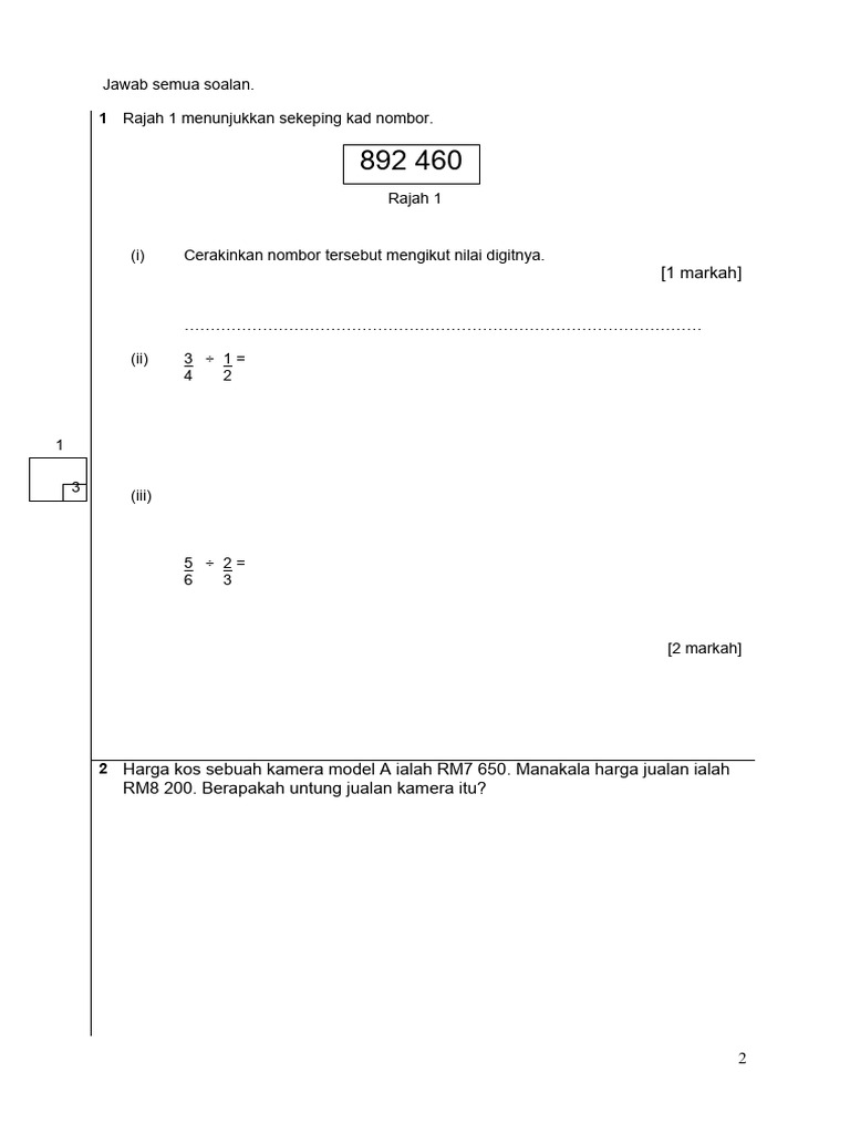 Soalan Matematik Kertas 2 Tahun 6 2021 | PDF