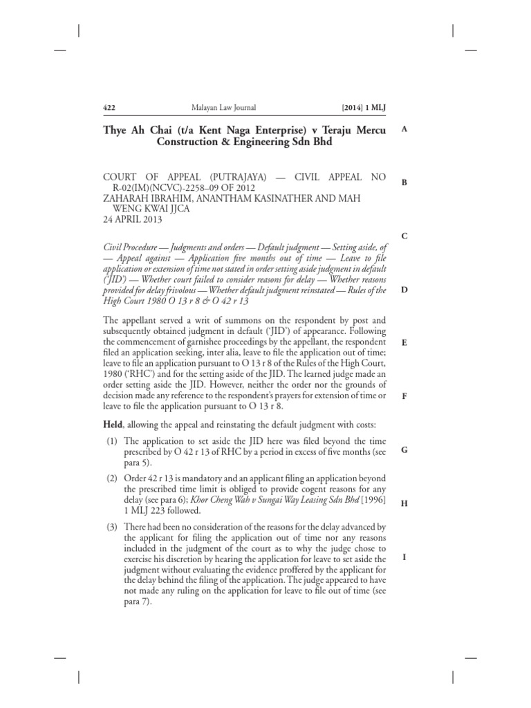 Thye Ah Chai (Ta Kent Naga Enterprise) V Teraju Mercu Construction & Engineering SDN BHD | PDF ...