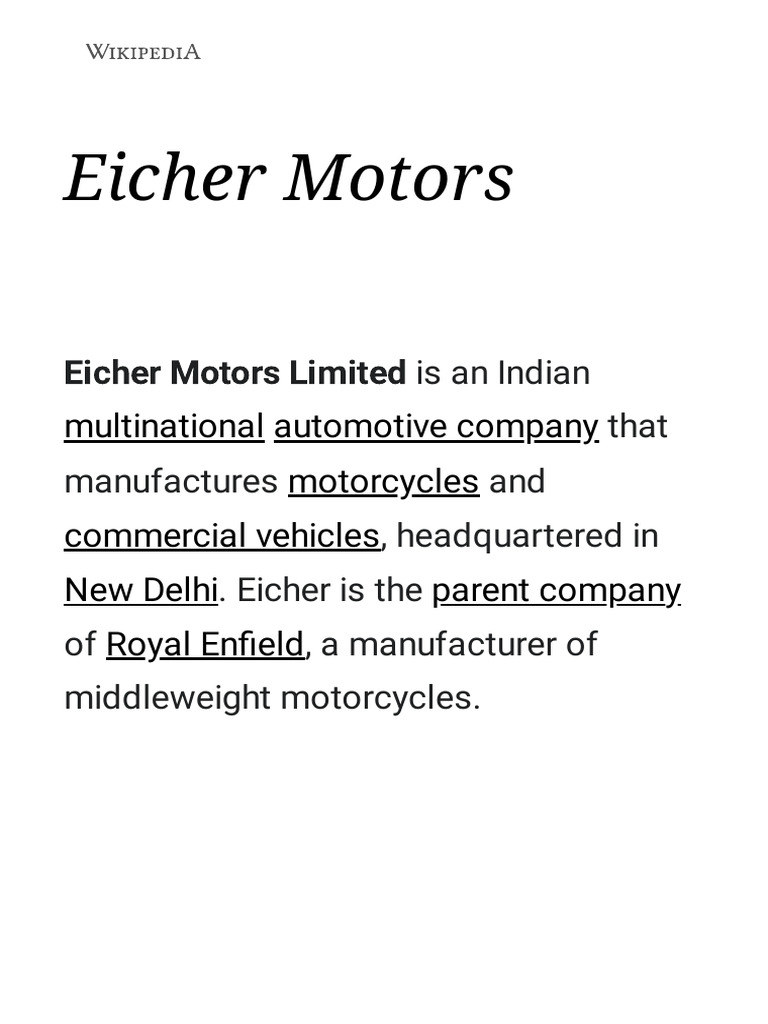 Eicher Motors - Wikipedia | PDF | Vehicle Industry | Motor Vehicle ...