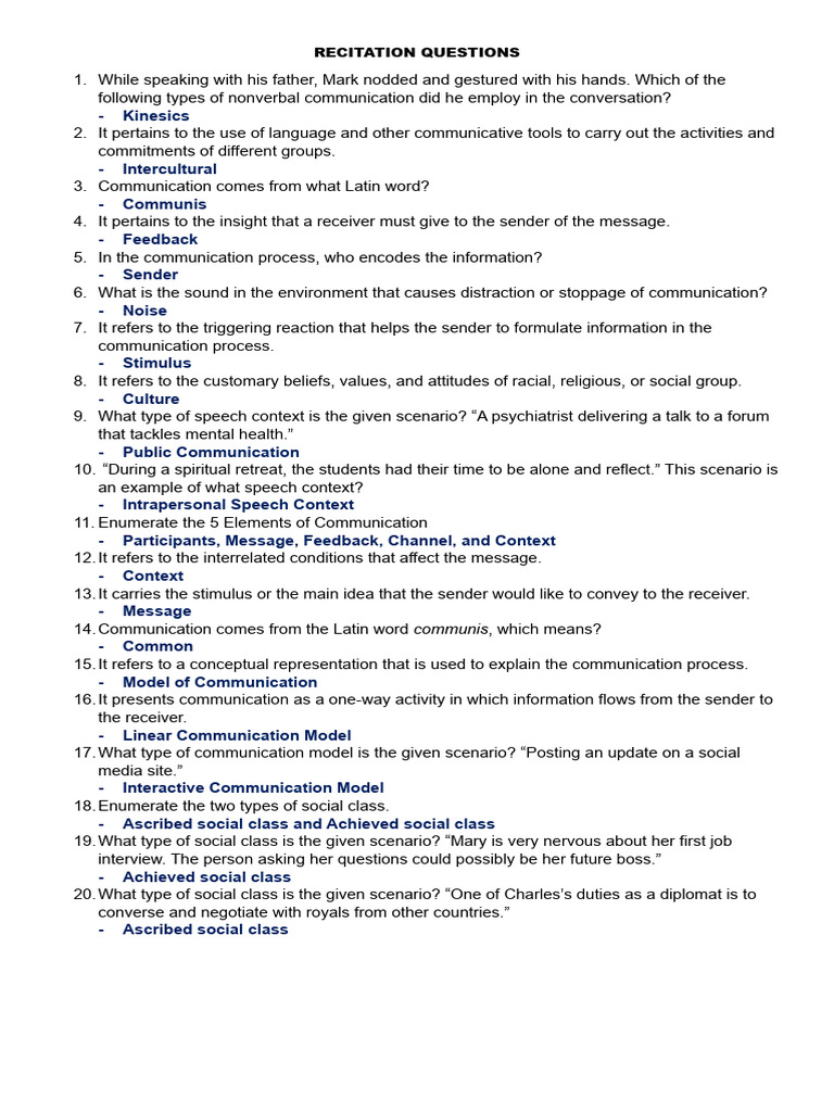 Recitation Questions | PDF | Communication | Psychological Concepts
