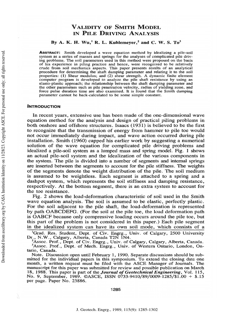 Wu Et Al 1989 Validity of Smith Model in Pile Driving Analysis | PDF ...