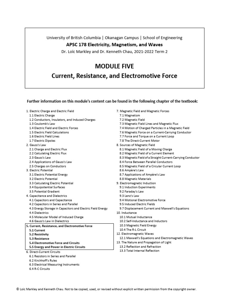 APSC 178 - Markley - 05 - Current, Resistance, and Electromotive Force ...
