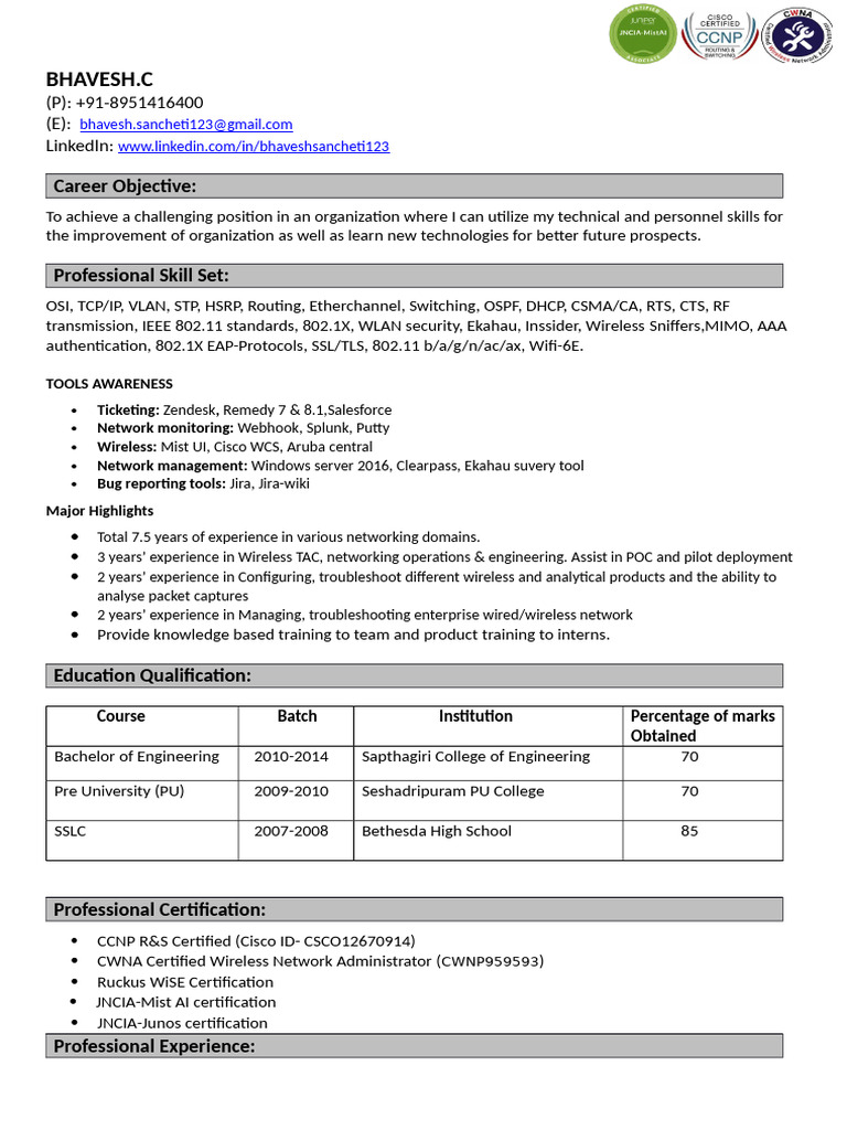 Bhavesh Chandraprakash 14487494 202201200840 Resume | PDF | Computer Network | Wireless Lan