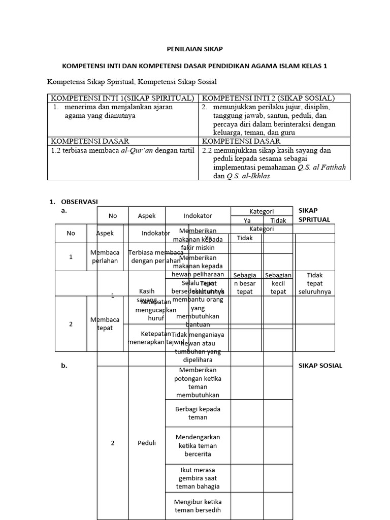 Penilaian Sikap PAI Kelas 1 | PDF
