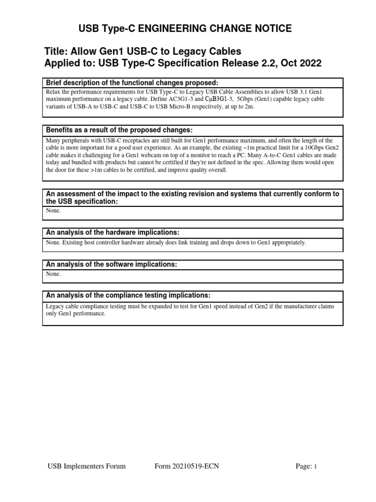 USB Type-C R2.2 ECN - Allow Gen 1 USB-C To Legacy Cables | PDF | Usb ...