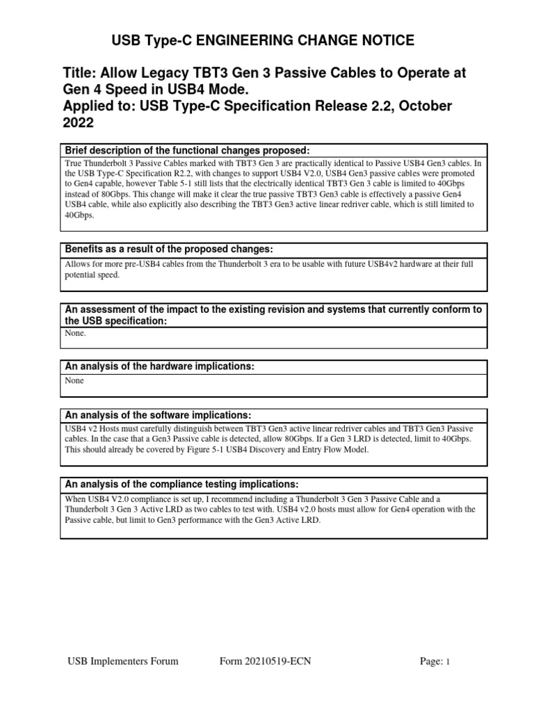 USB Type-C R2.2 ECN - Table 5-1 Thunderbolt 3 Passive Cables 80Gbps | PDF | Usb | Computer Hardware