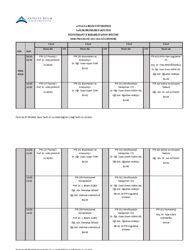 06 10 2023 - Lisans FT-FR-0002 2023-2024 Abu-Sbf FTR Ders Programi | PDF