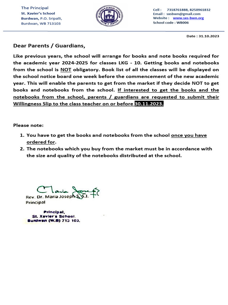 Books Distribution Notification For The Academic Year 2024-2025 | PDF