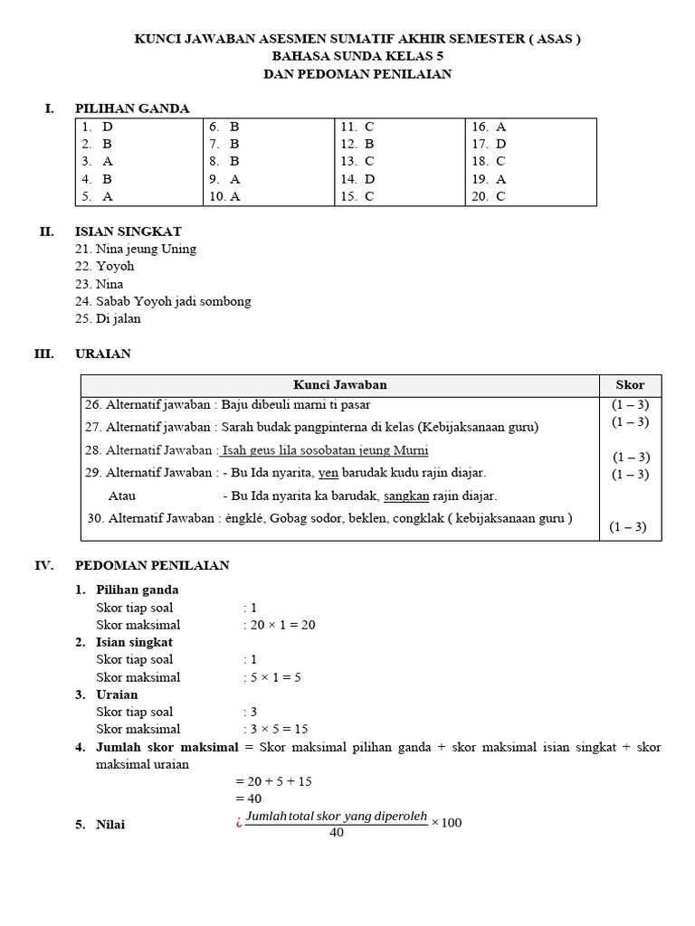 1 Kunci Jawaban - Pedoman Penilaian B SUNDA | PDF