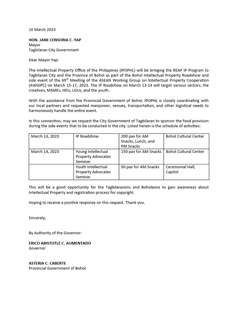 Request Letter To City Re Food Provision For ASEAN Side Events | PDF ...