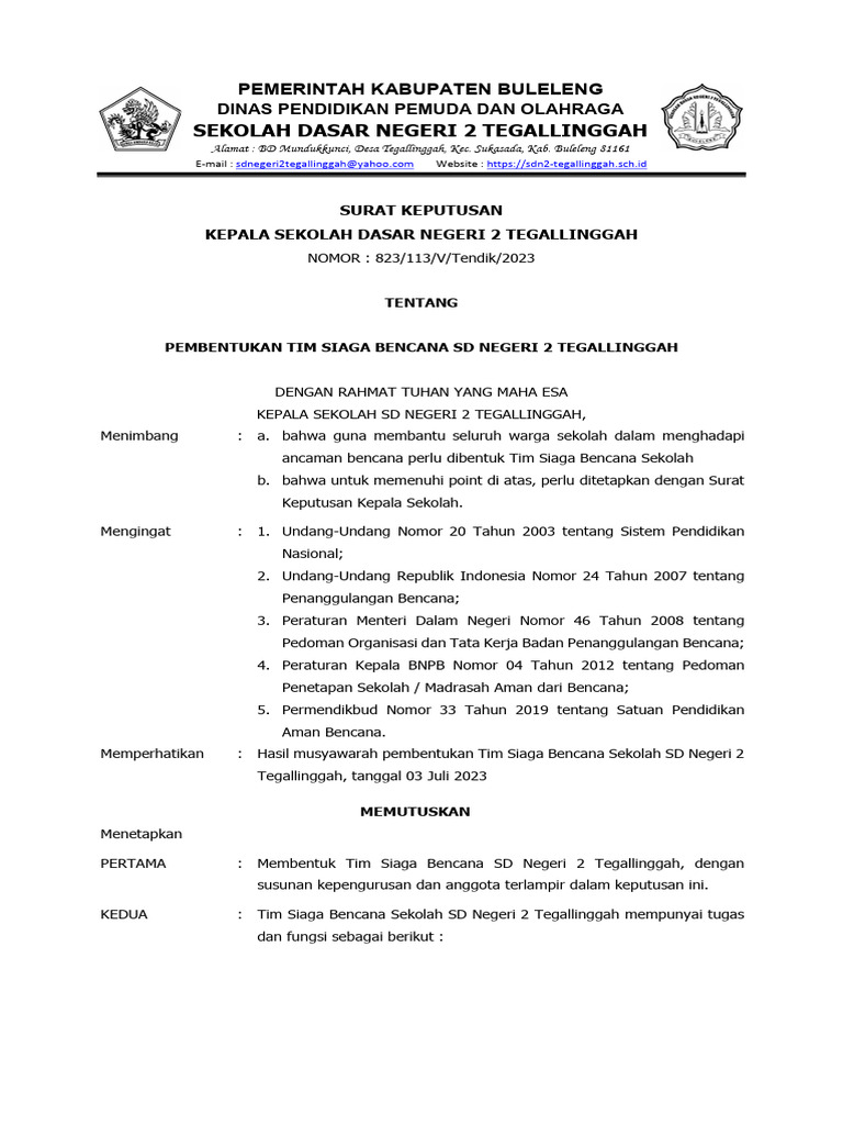 SK Pembentukan Tim Siaga Bencana SD | PDF