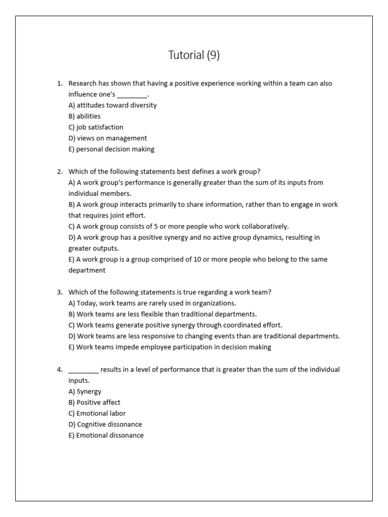 OB Tutorial 9 Without Answers | PDF | Leadership | Organizational Behavior