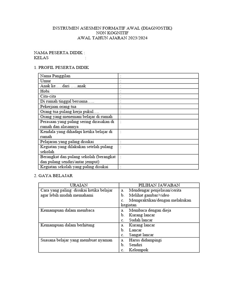 Instrumen Asesmen Formatif Awal (Diagnostik) | PDF