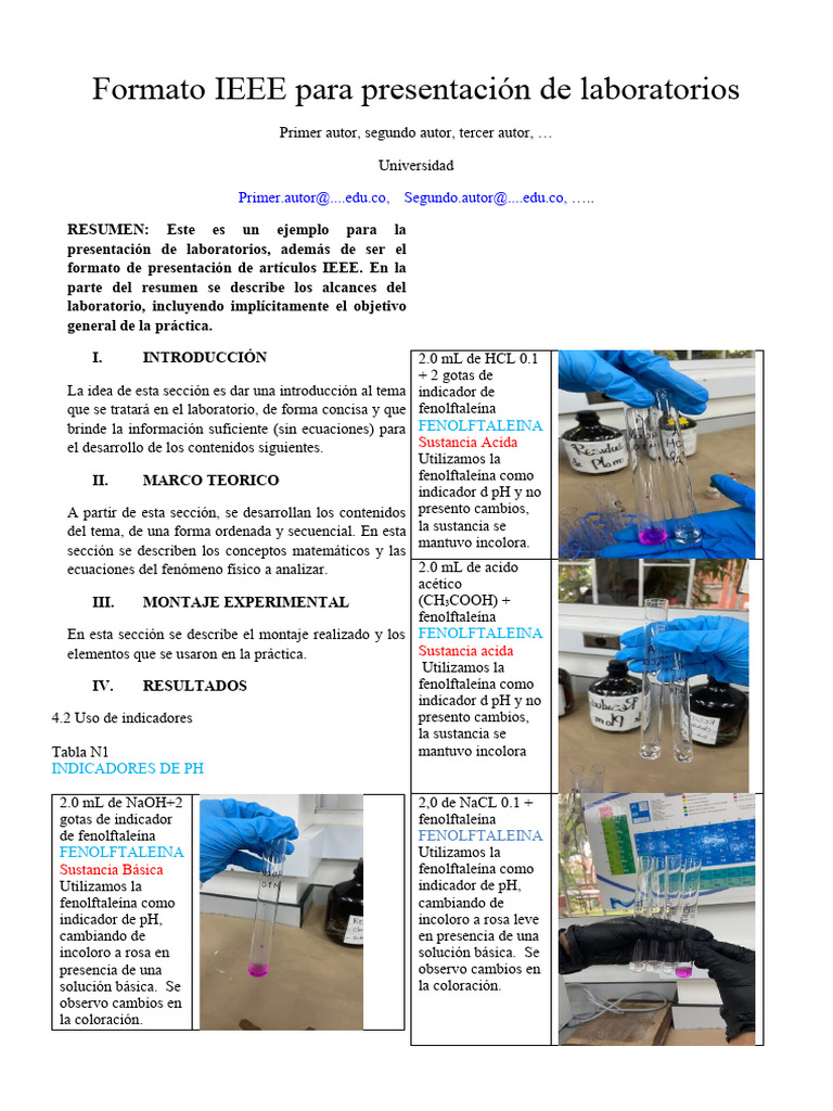 Formato IEEE para Presentacion Del Informe de Laboratorio | PDF | Ácido | Ph