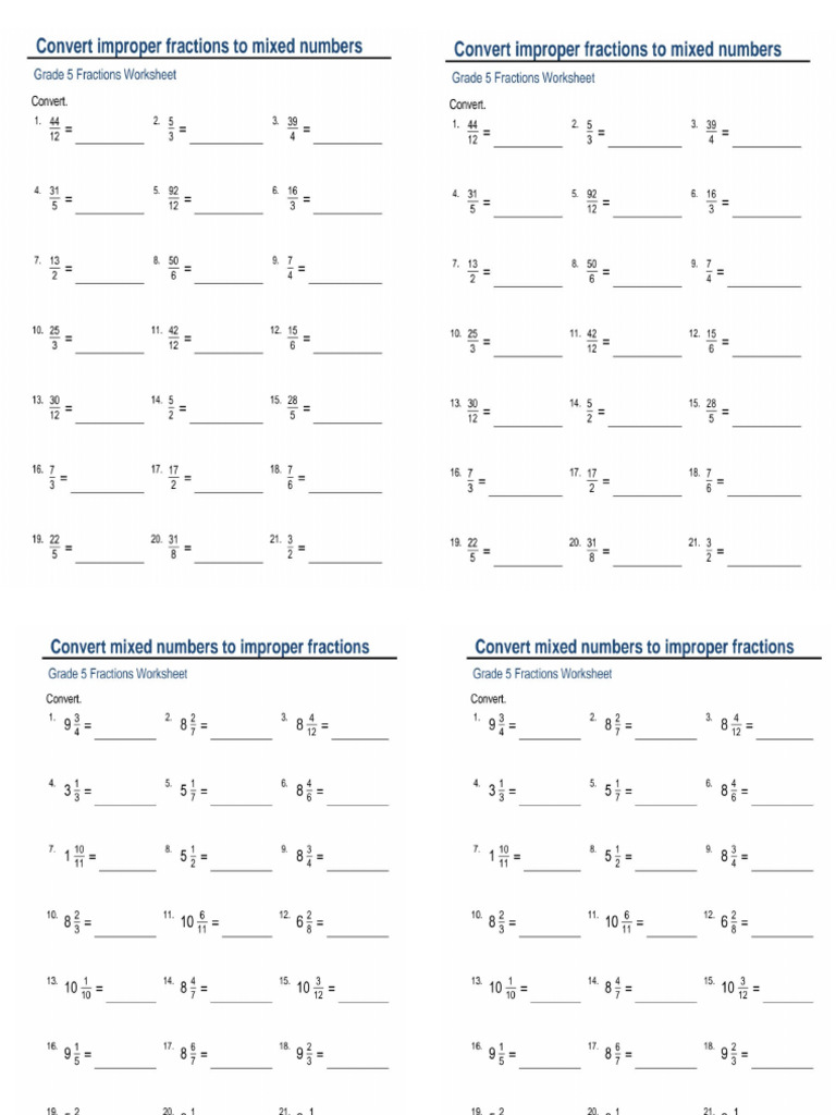 iMPROPER TO MIXED NUMBER WORKSHEETS | PDF